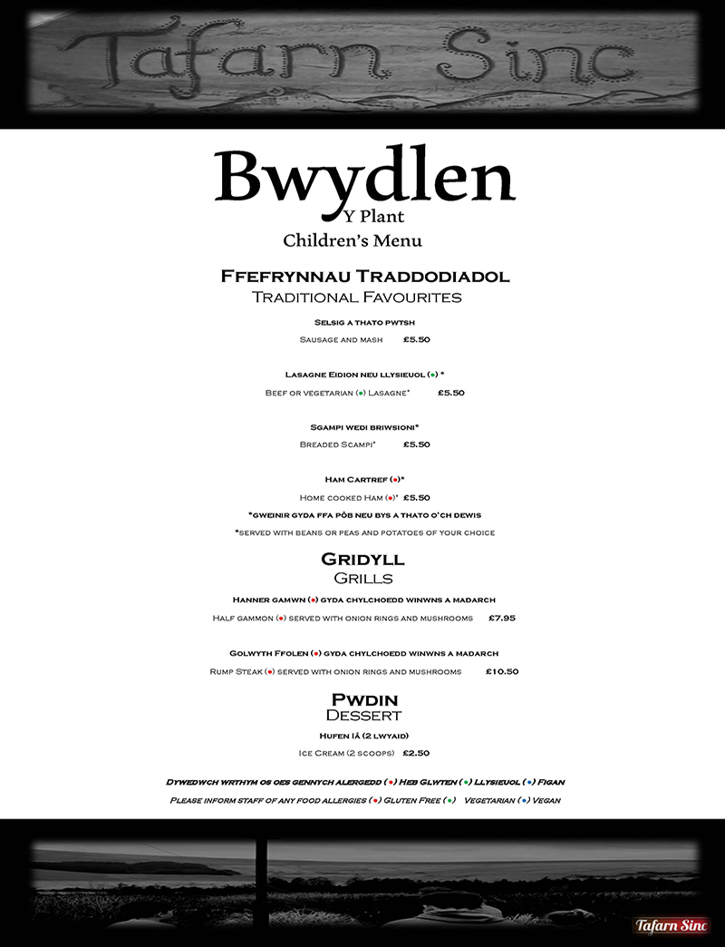 Bwydlen | Tafarn Sinc, Rhos-y-bwlch, Cymdeithas Tafarn Sinc